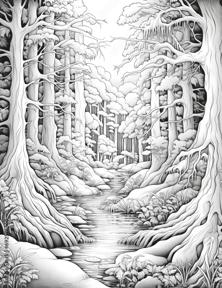 Pine forest coloring page isolated on transparent background Stock ...