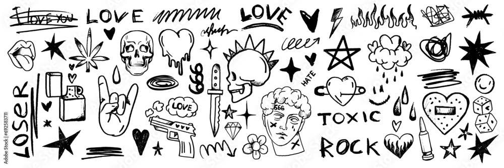 Vetor de Doodle grunge rock set, hand drawn vector groovy punk graffiti ...