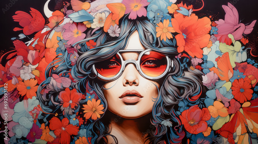Graphic Illustration 1960s vintage retro hippie movement flower power ...