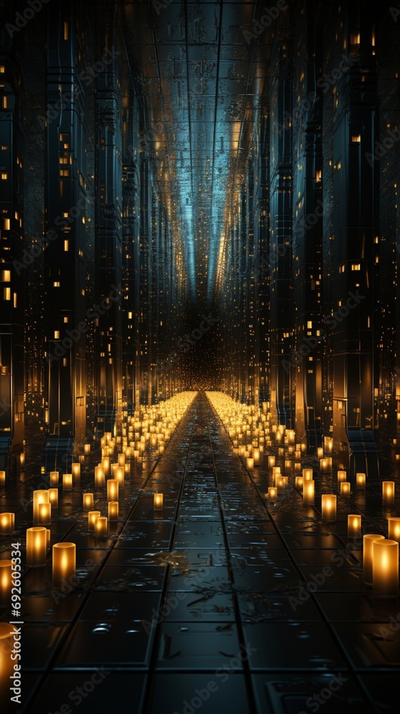 An illuminated digital binary code matrix with glowing 1s and 0s ...