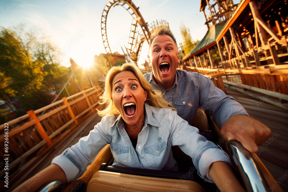 Mature middle aged couple having fun riding a roller coaster. Stock ...