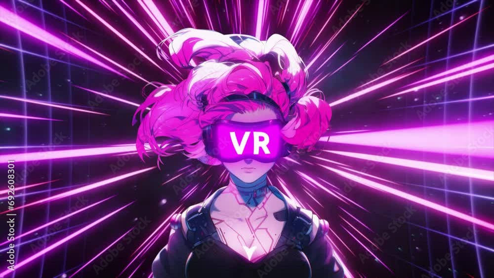 Anime-style girl on the VR helmet on the futuristic speed lights, 4K ...