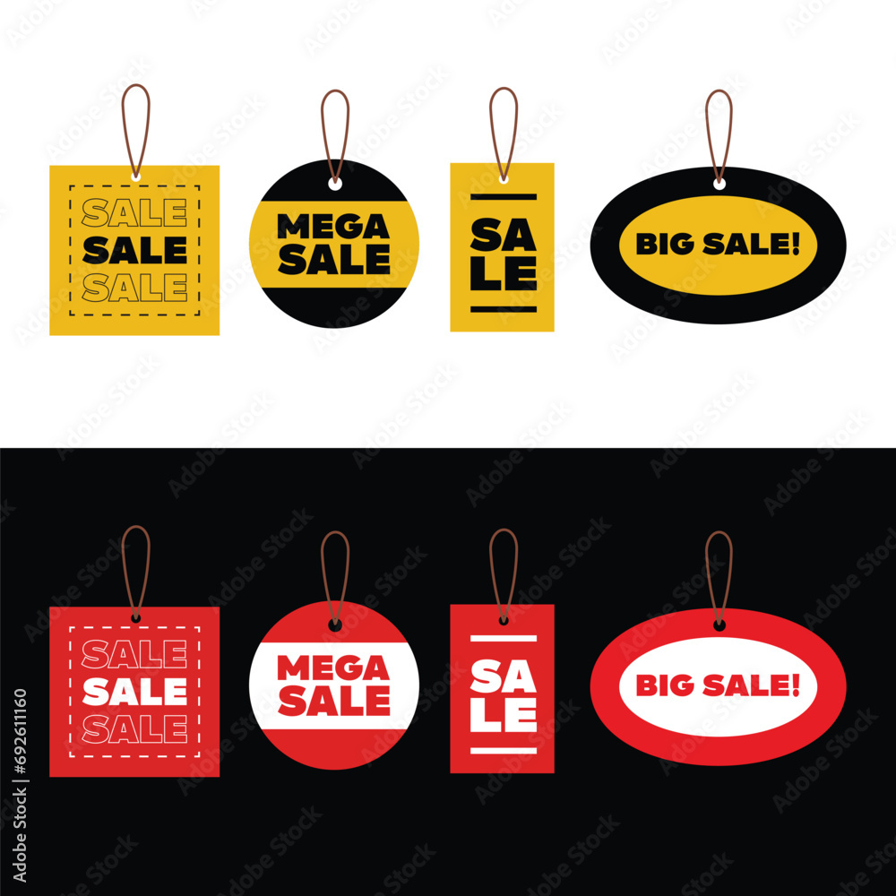 Set of red and yellow discount sale tags and labels with various shapes ...