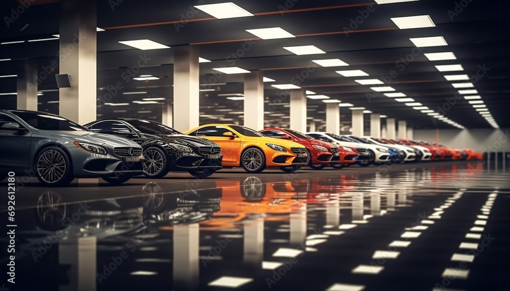 Cars line up. cars at new car showroom. Luxury modern cars for sale ...