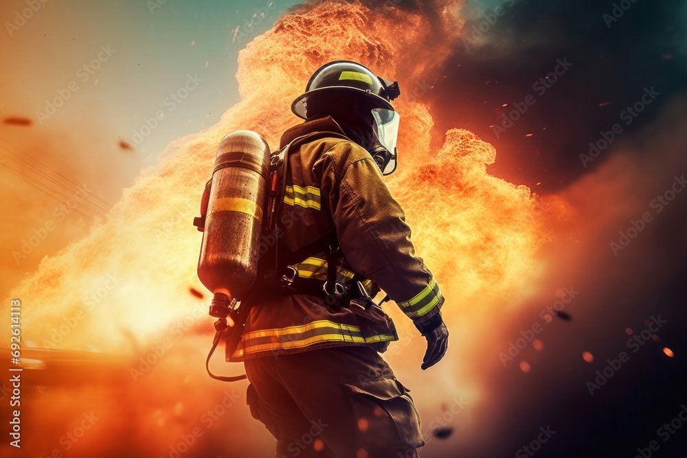 Dynamic image firefighter action in fire flames. Fireman intervention ...