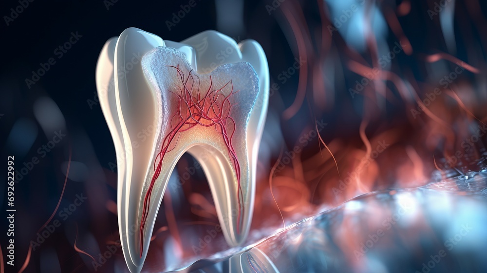 Translucent tooth with visible pulp, vessels and nerves against vibrant ...