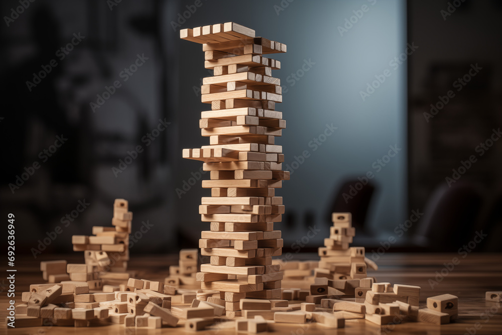 Jenga game, close-up of hands and a tower of wooden blocks collapsing ...