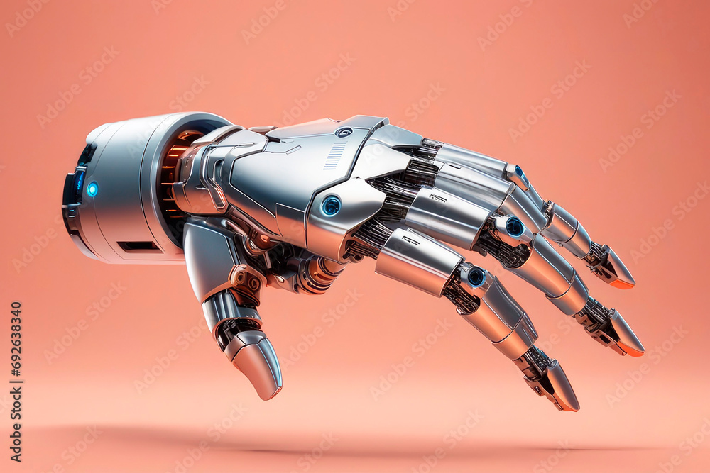 Cyborg robotic hand pointing on velvety peach color background ...