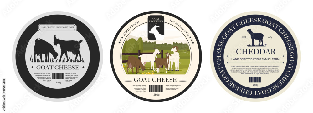 Goat cheese labels. Organic cheddar cheese slices, cartoon goat ...