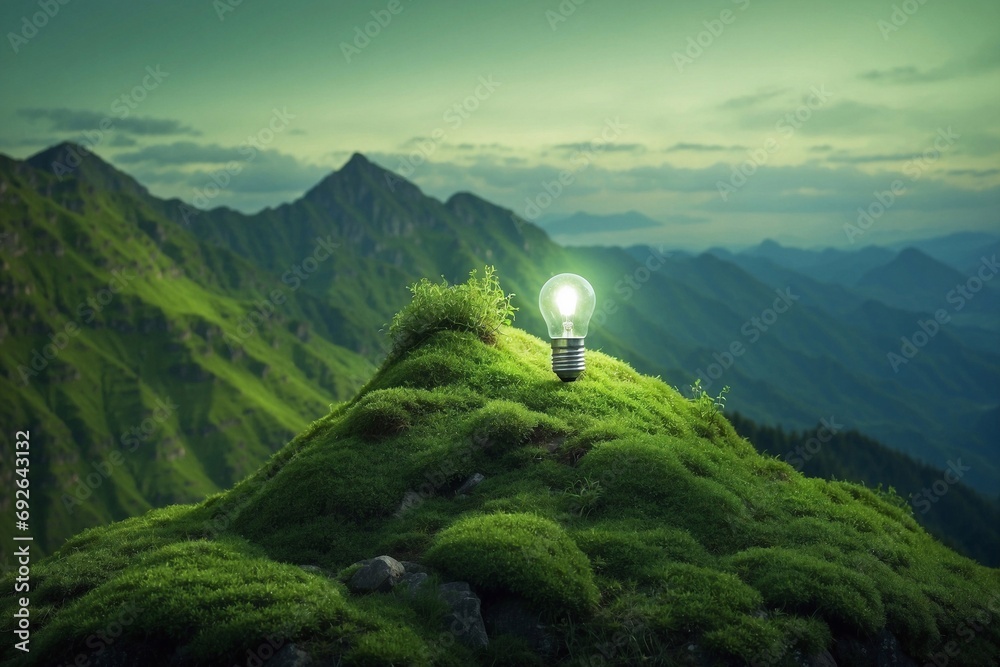 light bulb in green mountain scenery, signifying planet's preservation ...