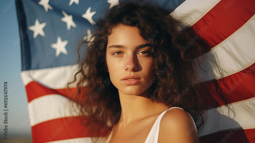 American flag and beautiful female. USA, waving flag. Independence Day ...