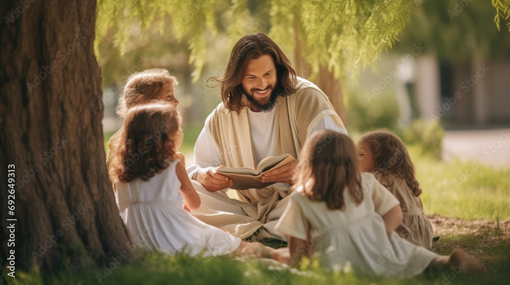 Jesus Christ reading a book to little children under a tree Stock Photo ...