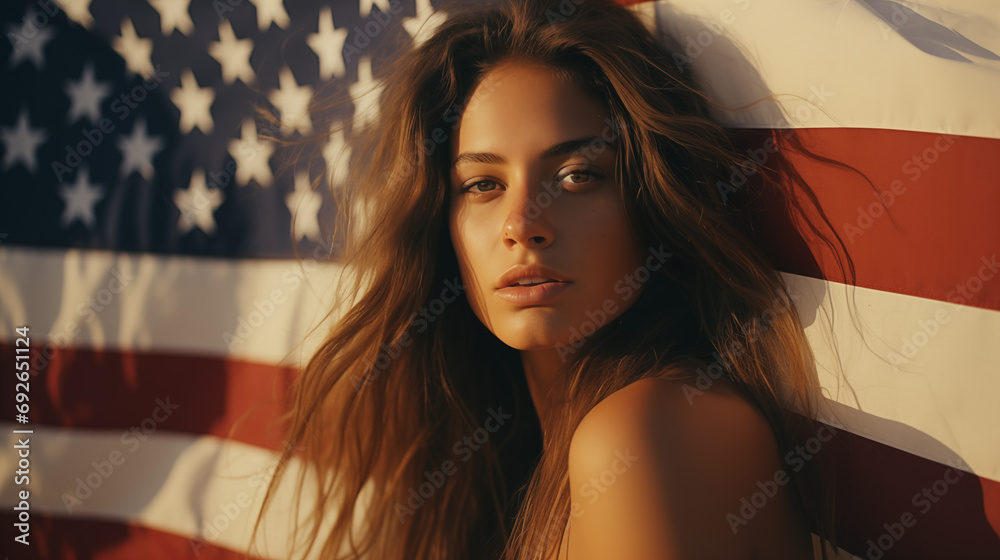 American flag and beautiful female. USA, waving flag. Independence Day ...