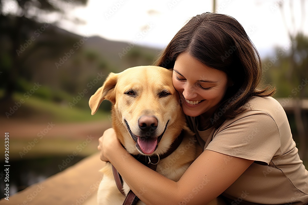 Soulful Embrace Affectionate Mature Woman and Joyful Labrador Share ...