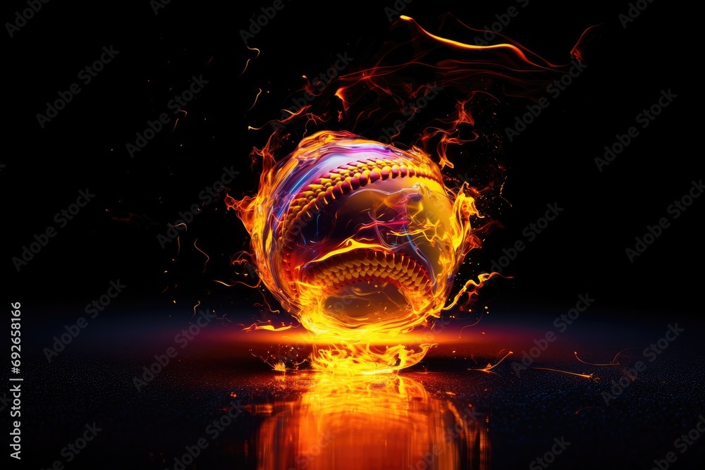 Softball ball in neon fire flames in explosion on dark glossy ...