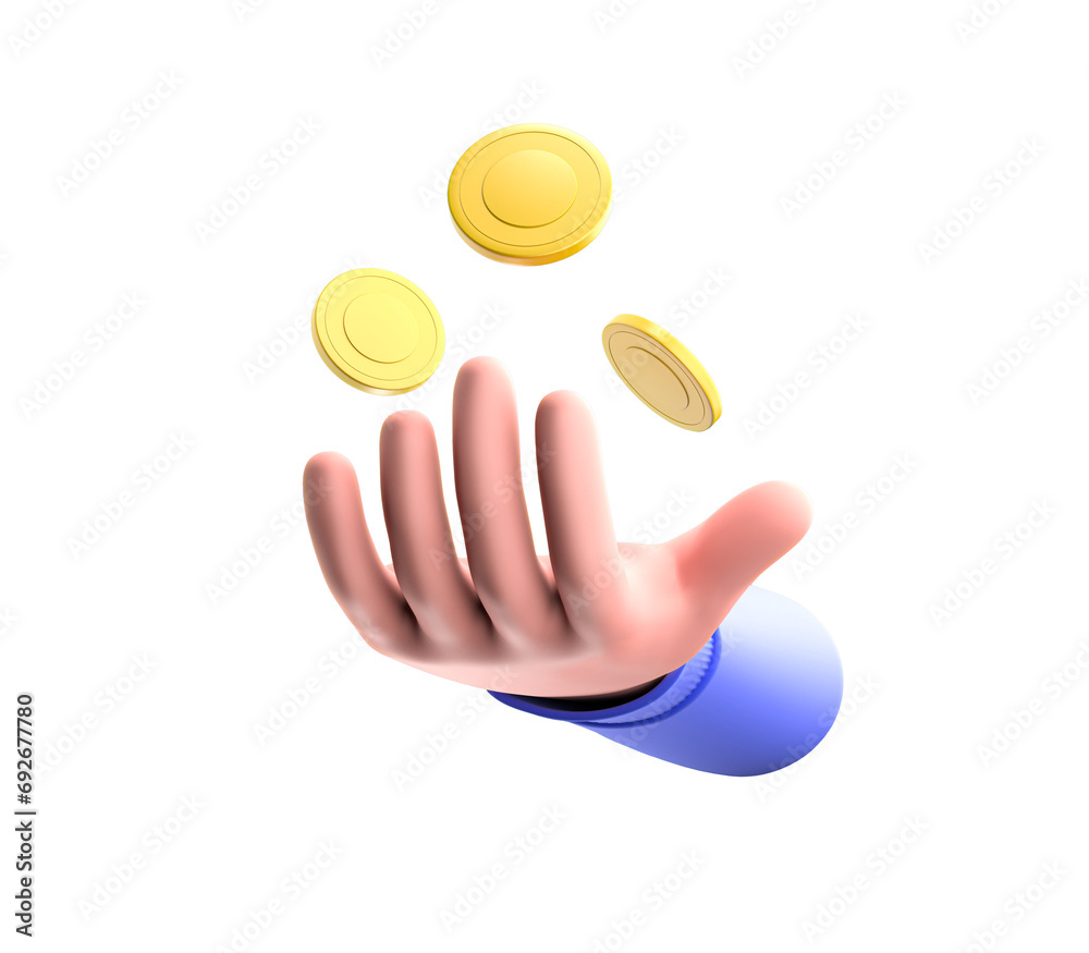3D Hand with falling coins, money-saving, online payment, and payment ...