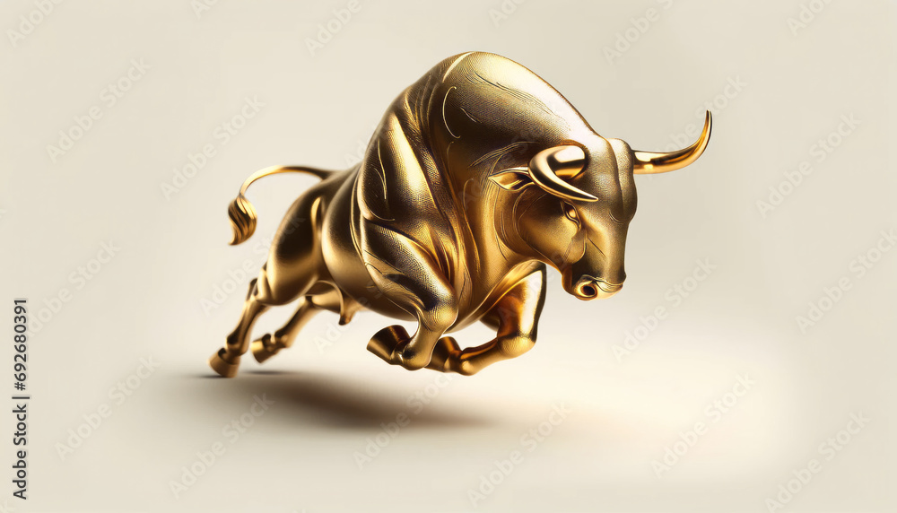 abstract gold bull statue in a dynamic charging pose. Its textured ...