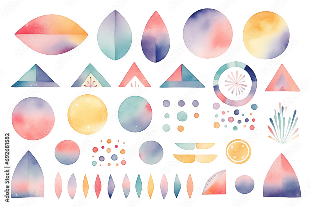 Watercolor Collection of Botanical Elements and Abstract Shapes, blue ...