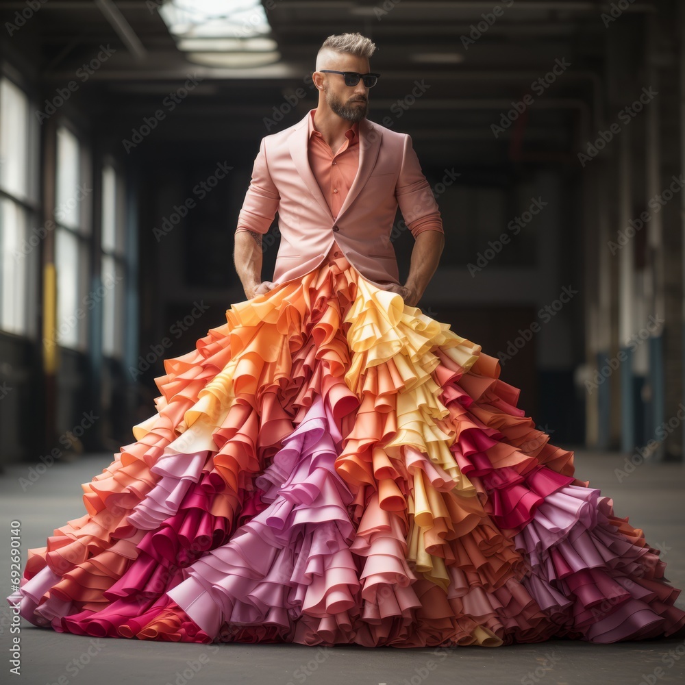 Handsome stylish man in full length in a bright, rainbow dress, Concept ...