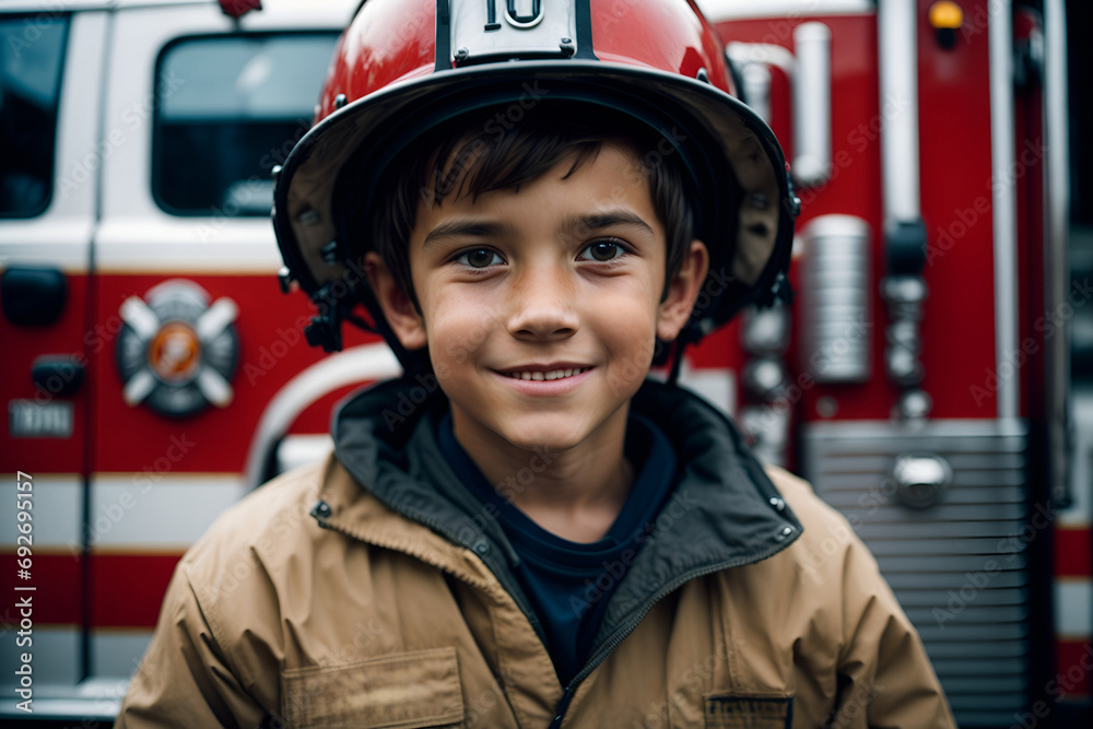 Boy wearing fireman clothes. Kid embracing future profession. Boy ...