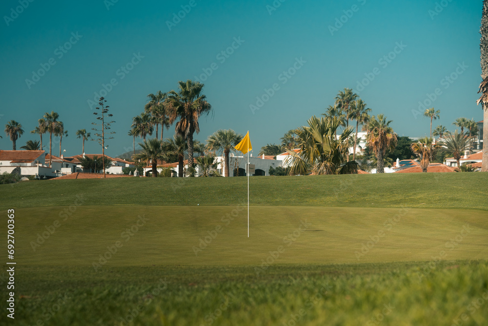 Golf course flag, green flag pin, golf resort hole, exotic golfing ...