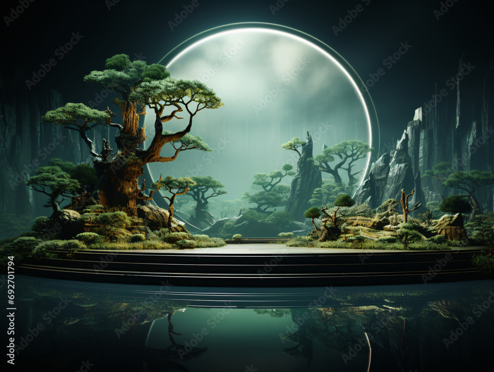 Generative AI. 3D artwork of a serene, green landscape with trees ...