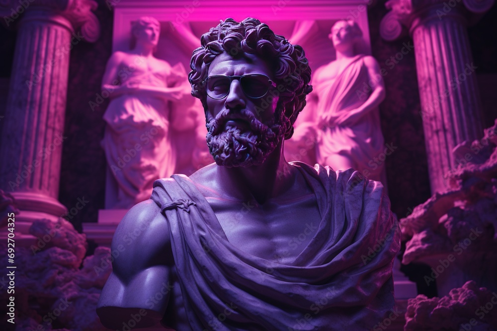 Abstract neon vibes ancient roman, greek stoic person, marble, stone ...