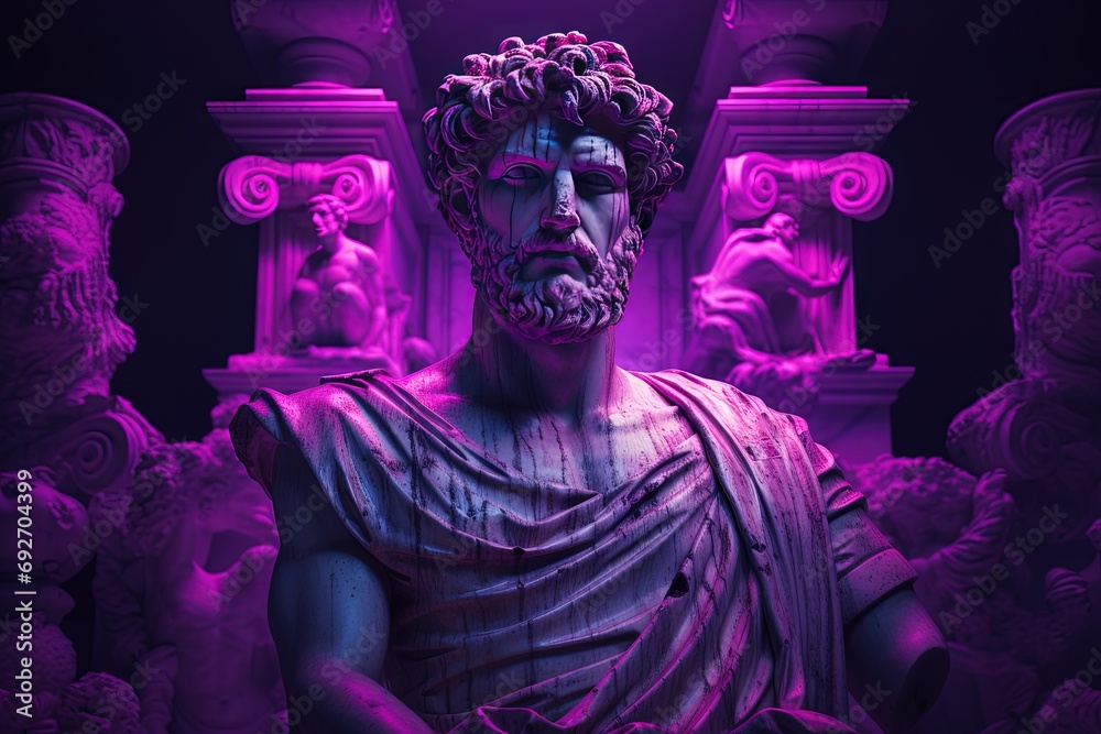 Abstract neon vibes ancient roman, greek stoic person, marble, stone ...