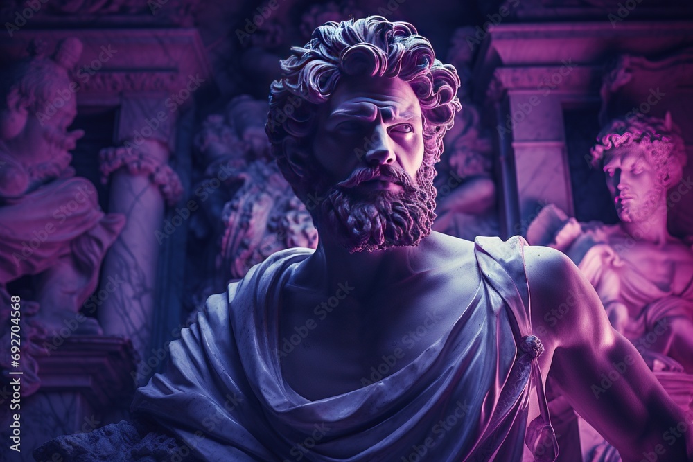 Abstract neon vibes ancient roman, greek stoic person, marble, stone ...