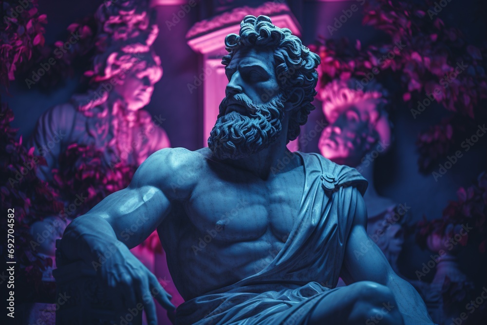 Abstract neon vibes ancient roman, greek stoic person, marble, stone ...
