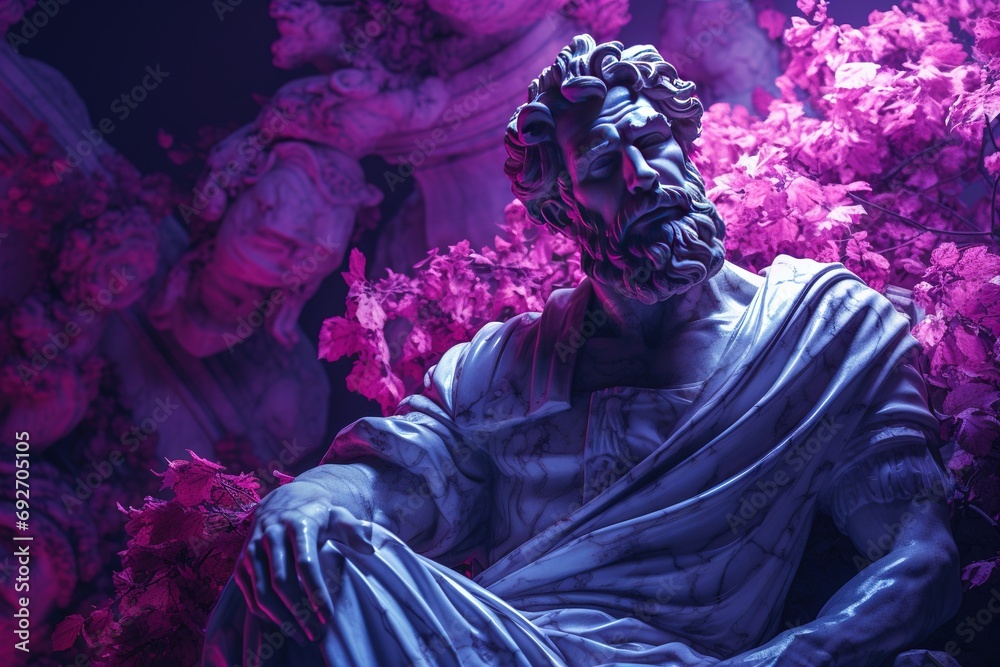 Abstract neon vibes ancient roman, greek stoic person, marble, stone ...