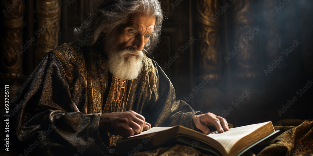 Saintly figure in Byzantine iconographic portrait, halo of gold leaf ...