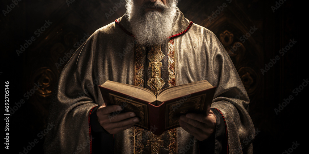 Saintly figure in Byzantine iconographic portrait, halo of gold leaf ...