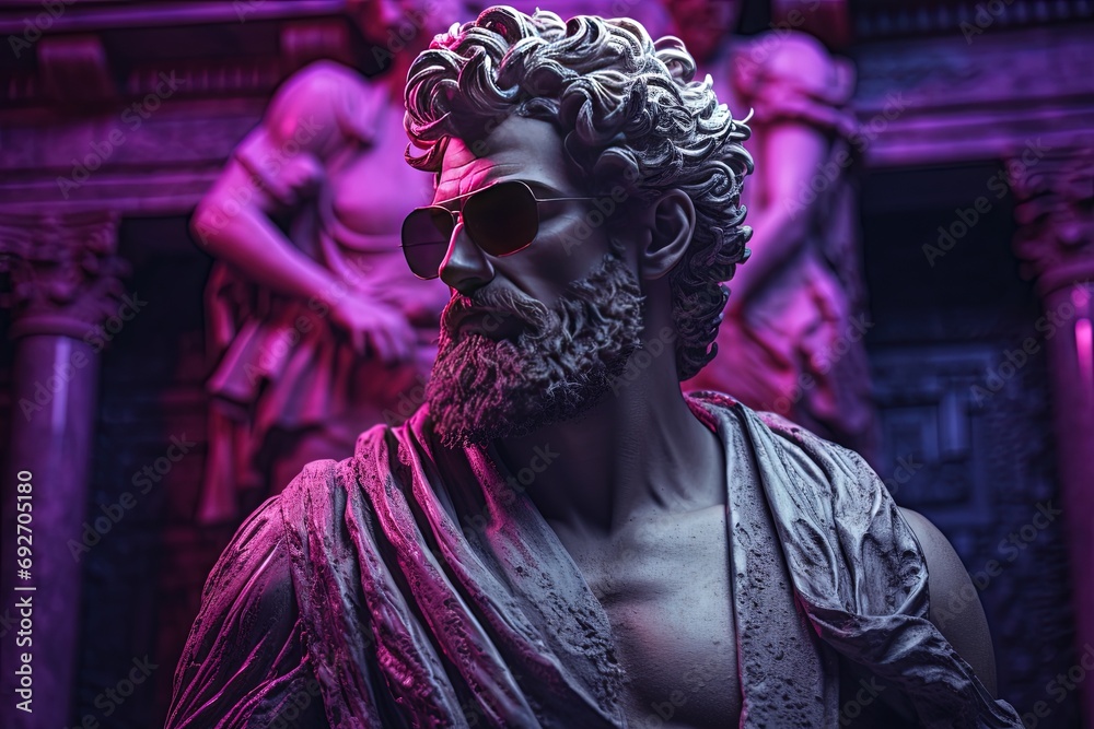 Abstract neon vibes ancient roman, greek stoic person, marble, stone ...