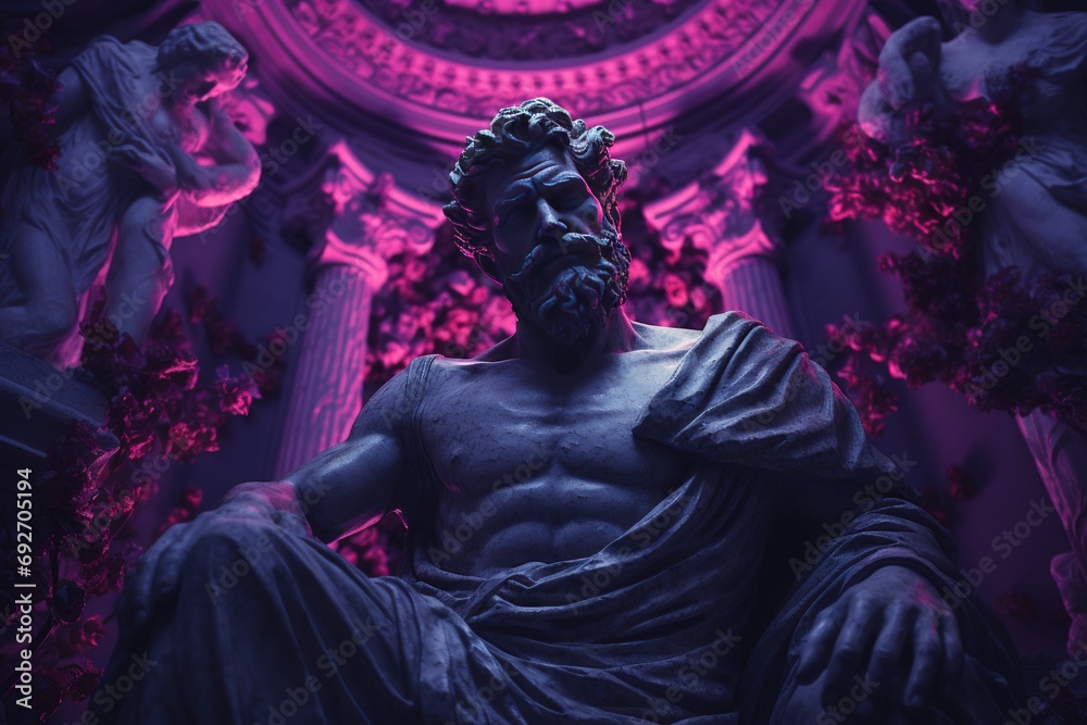 Abstract neon vibes ancient roman, greek stoic person, marble, stone ...