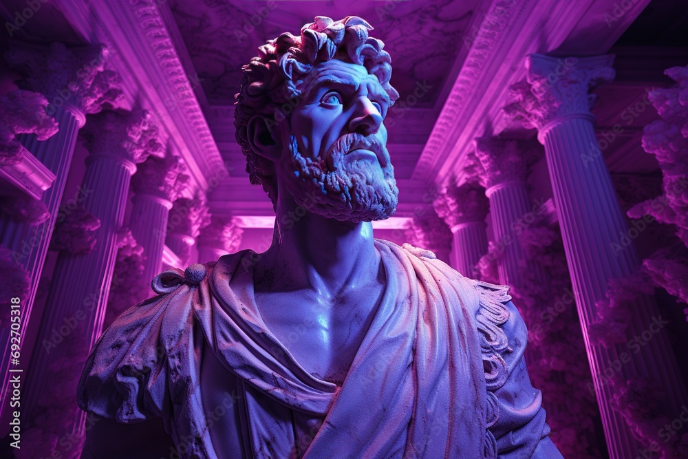 Abstract neon vibes ancient roman, greek stoic person, marble, stone ...