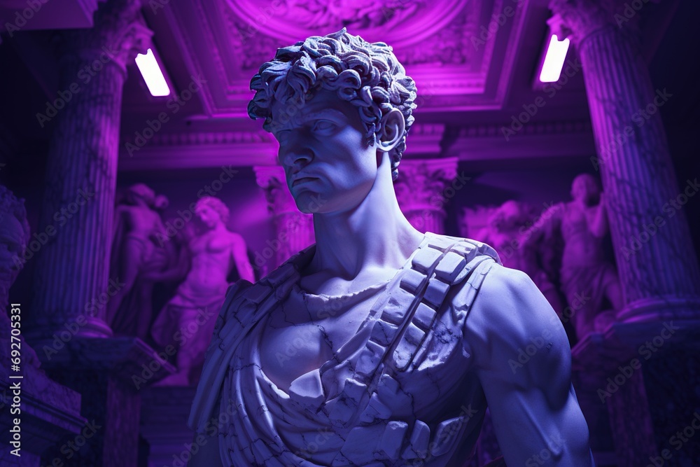 Abstract neon vibes ancient roman, greek stoic person, marble, stone ...