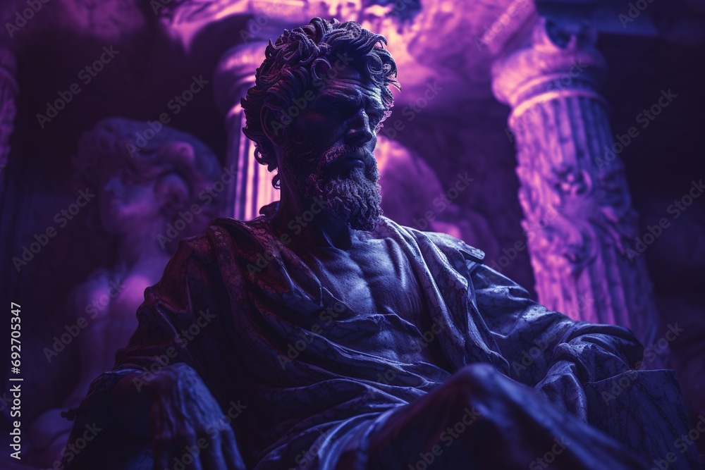 Abstract neon vibes ancient roman, greek stoic person, marble, stone ...