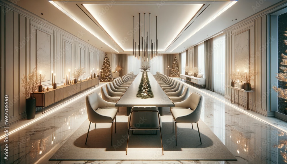 Amidst the elegant interior design of a spacious lobby, a long ...