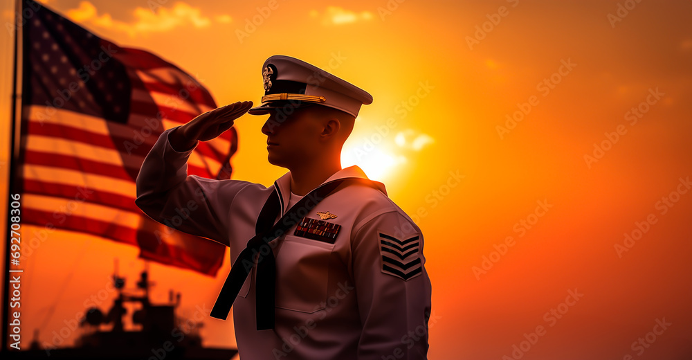 Sailor saluting the US flag at sunset aboard ship, embodying naval ...