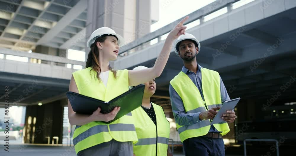 Civil engineering, teamwork and city planning, tablet data or blueprint ...