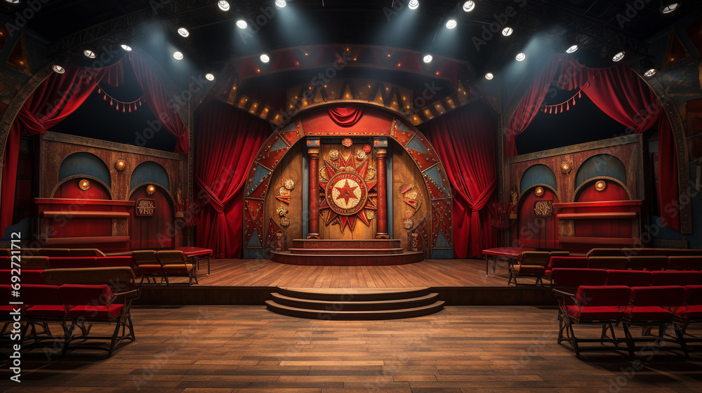 circus-themed stage with a whimsical box opening in the center Stock ...