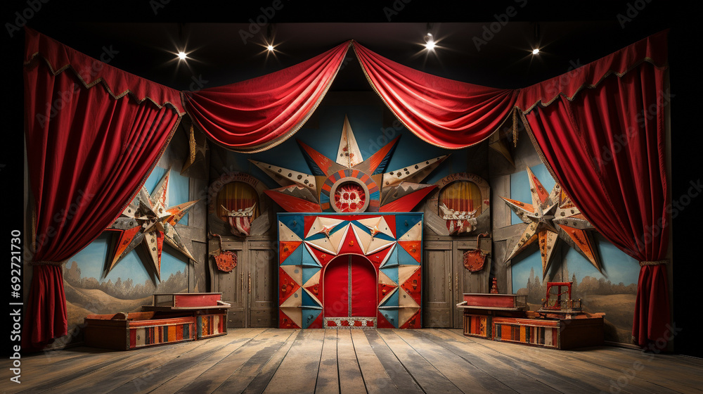 circus-themed stage with a whimsical box opening in the center Stock ...