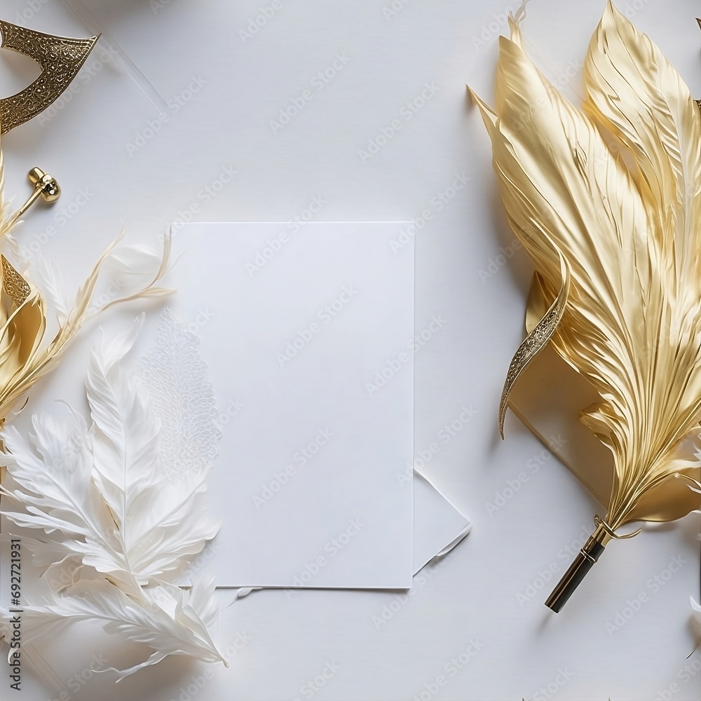 Magical Christmas masquerade ball stationery. Blank greeting card, invitation, and diary mockup ...