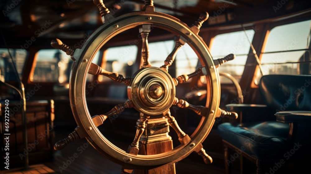 Steering wheel of a cruise ship, vintage style, toned Generative AI ...
