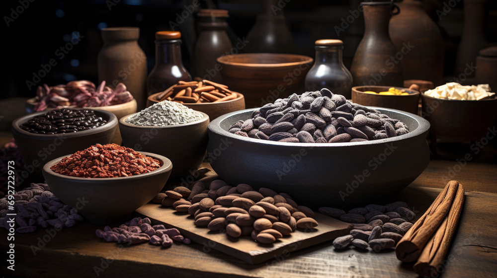 cocoa beans and chocolate in various stages of production, from raw ...