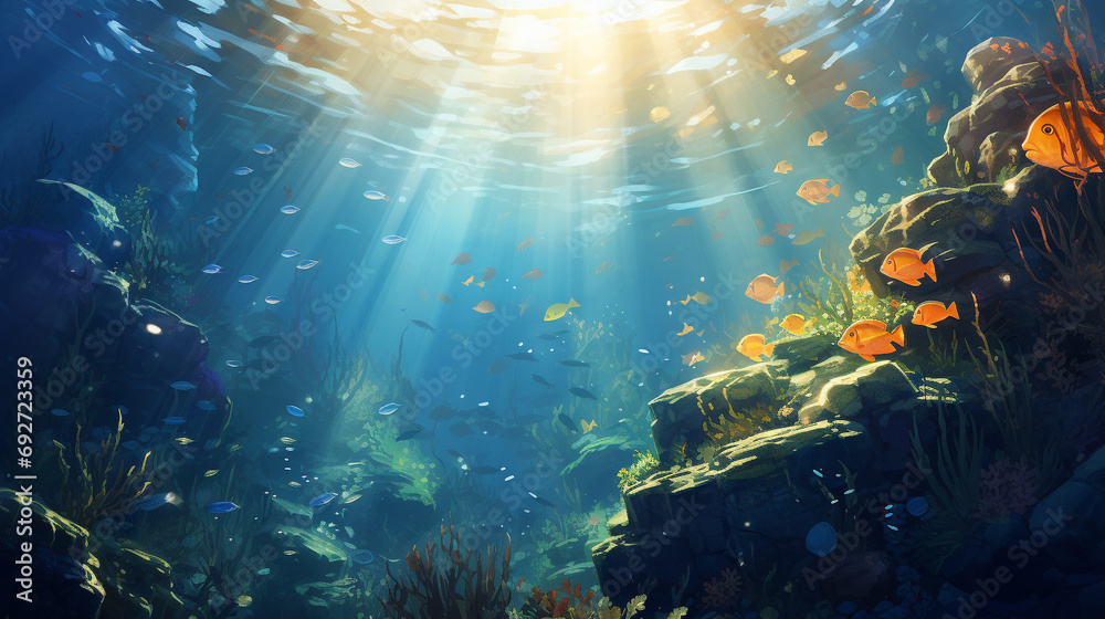 underwater scene with golden light filtering through blue water ...