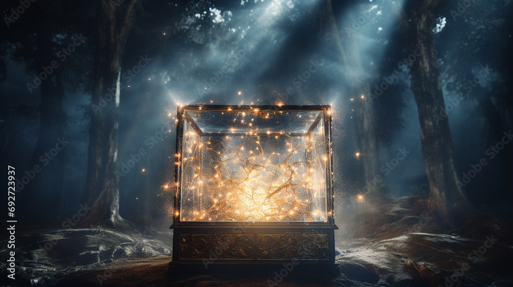ethereal box filled with light, levitating and opening on an enchanted ...