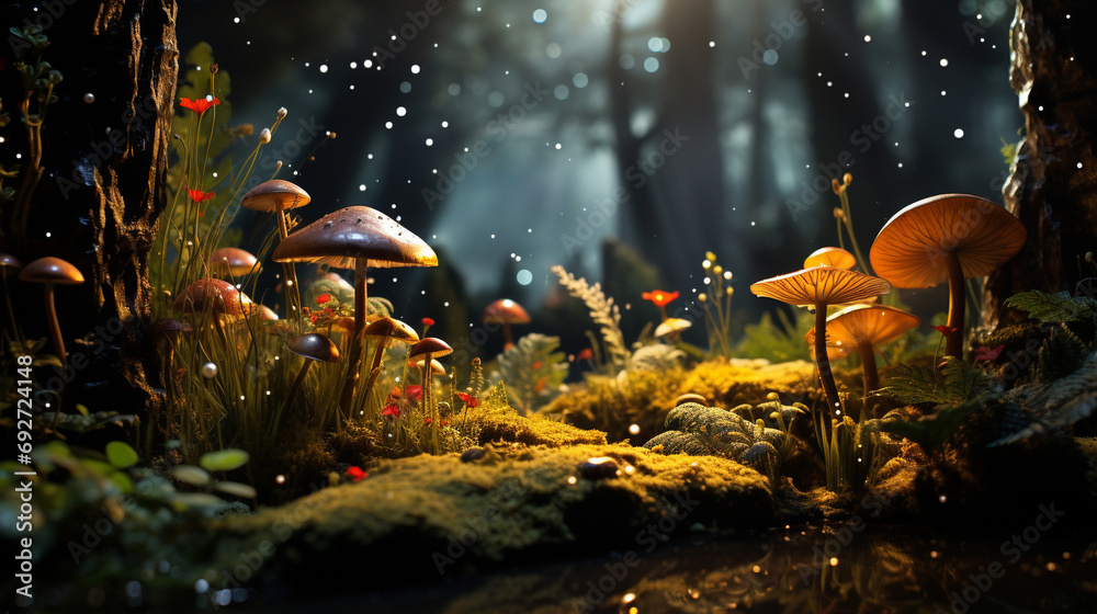 forest floor up close, showing a micro-ecosystem of fungi, small plants ...