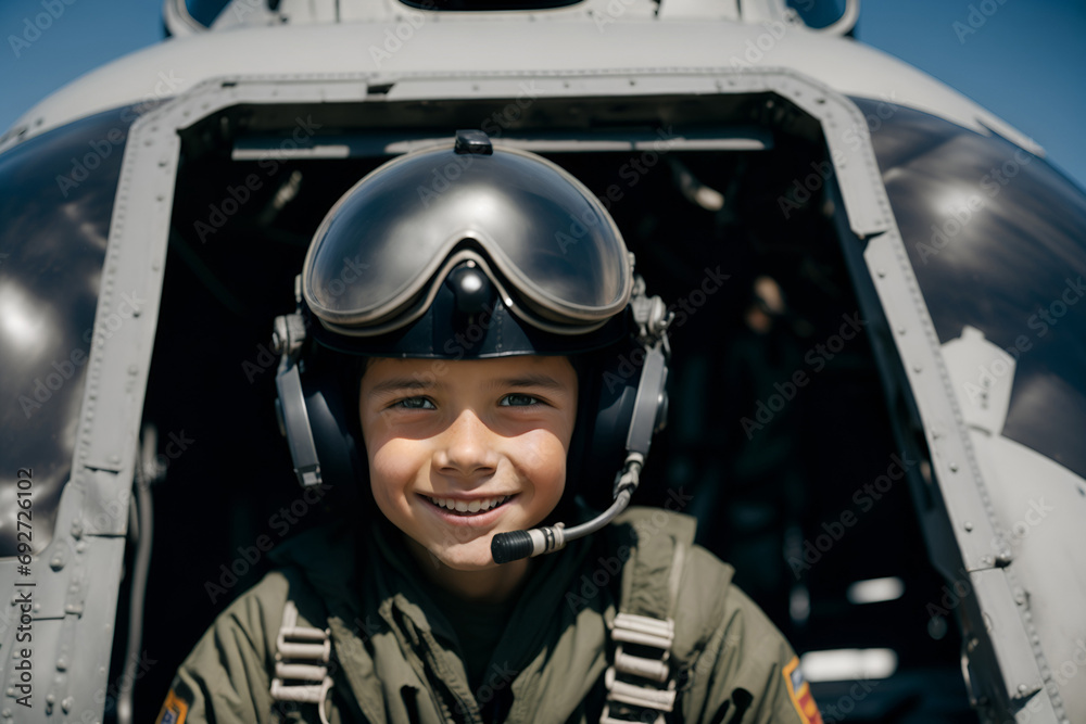 Child wearing military pilot uniform inside a helicopter. Boy embracing ...